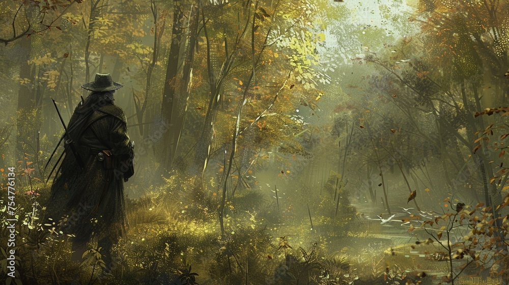 Digital painting of The ranger traverses the forest map tracking ...