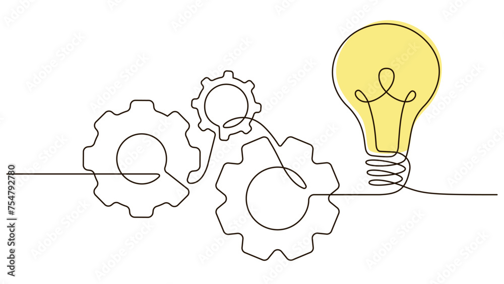 Single continuous line symbol of machine wheel gears and light bulb ...