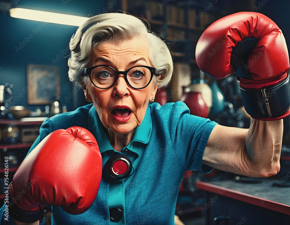 Funny old mature granny with glasses and red boxing gloves ready to ...