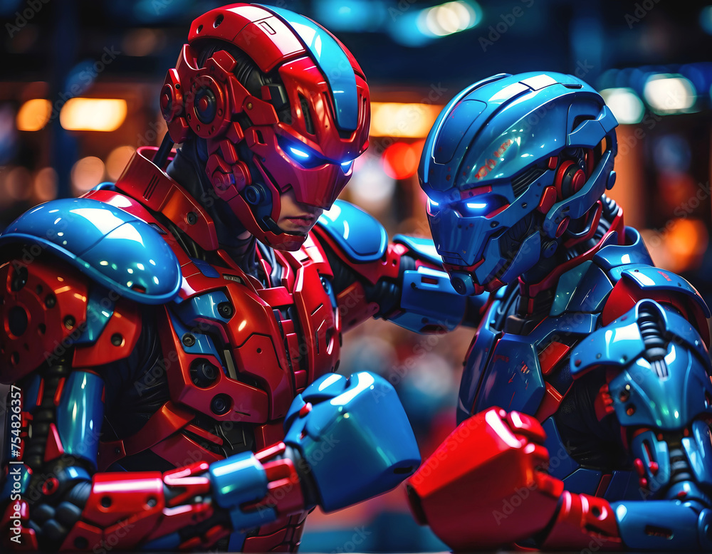Robots boxing match in boxing gloves, artificial intelligence concept ...
