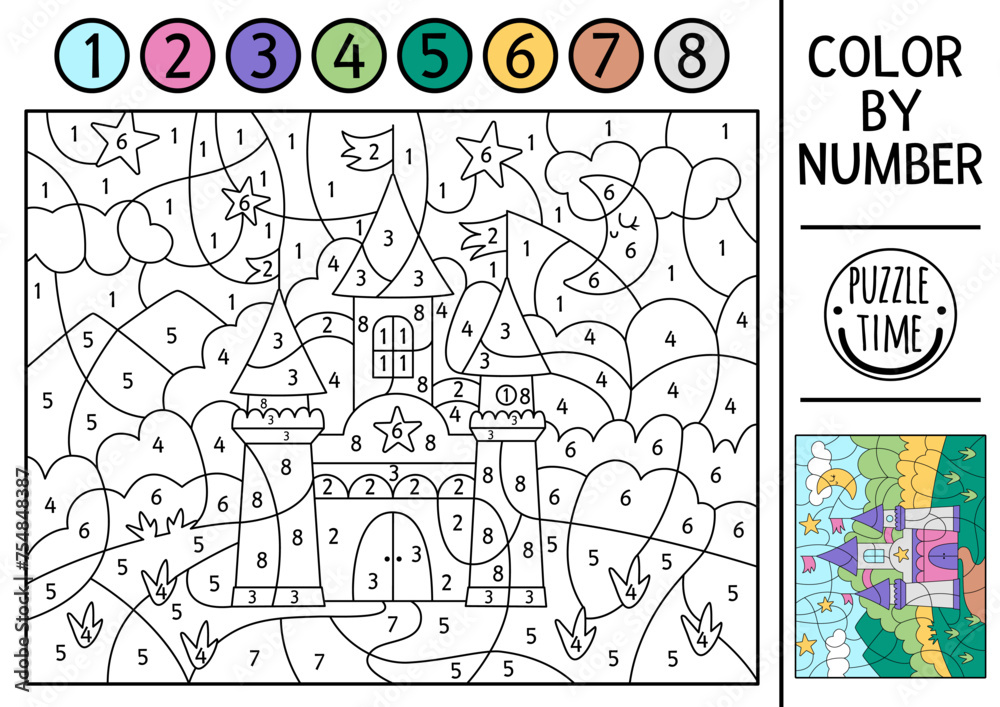 Vector Unicorn themed color by number activity with castle. Fairytale ...