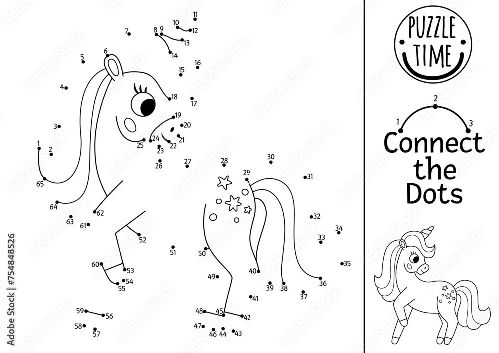 Vector dot-to-dot and color activity with unicorn. Fairytale connect ...