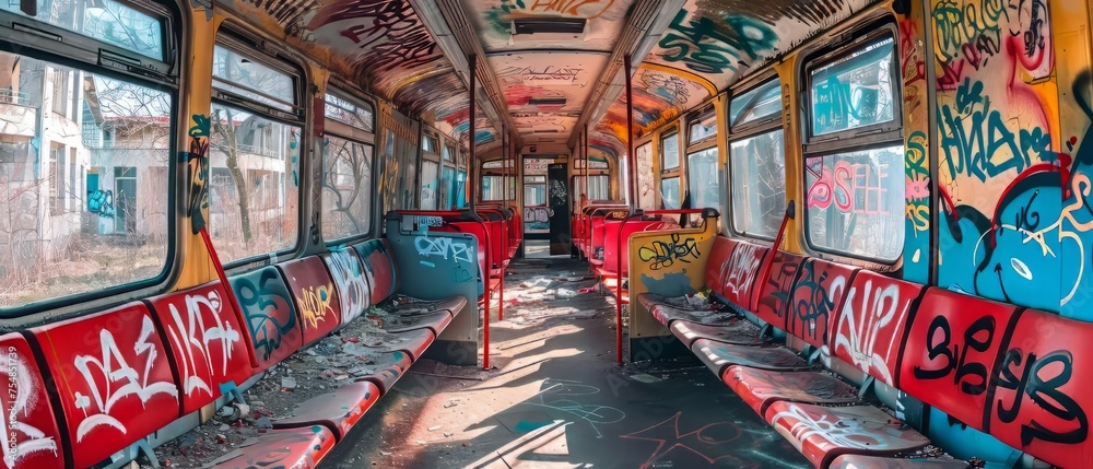 graffiti on the interior of a bus car train interior in graffiti ...