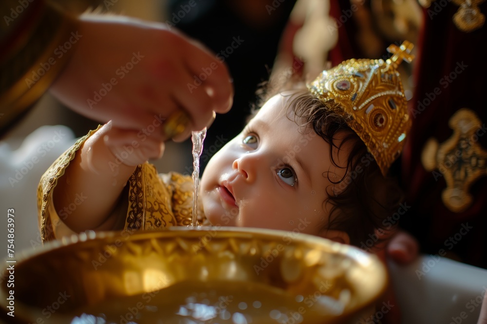 a cute small baby or toddler getting baptized the orthodox way swimming ...
