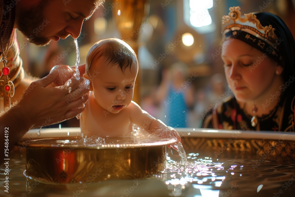 a cute small baby or toddler getting baptized the orthodox way swimming in water bathtub and a ...