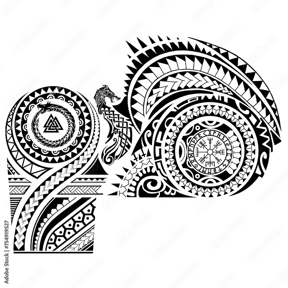 Scandinavian Maoi Style Tattoo Design for Shoulders and chest black and ...