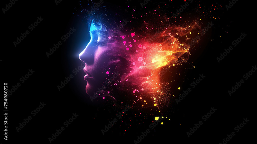 glowing neon light effect head of a woman, bright advertising design ...
