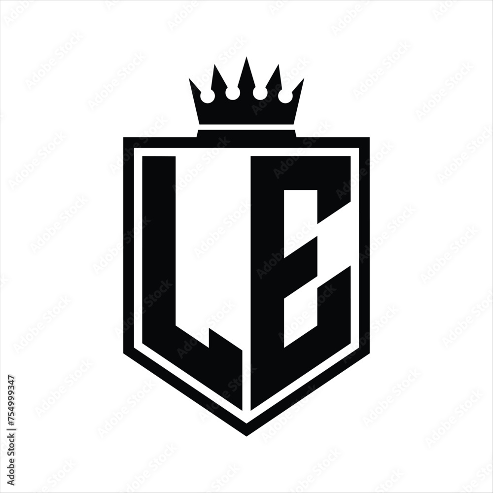 LE Logo monogram bold shield geometric shape with crown outline black ...