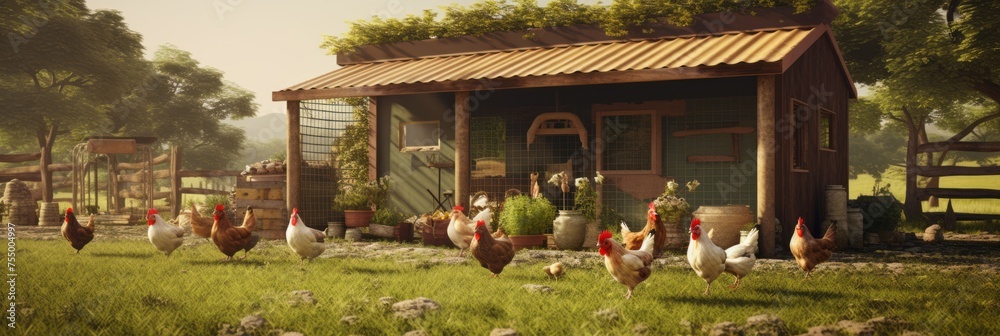 Chicken coop with chickens and roosters in the backyard of a country ...