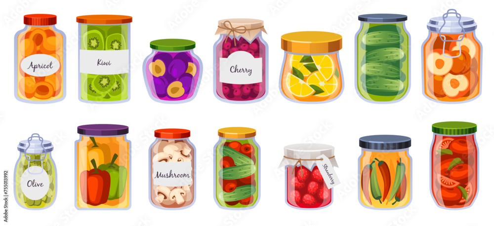 Jars preserved vegetables. Pickled fruits, berries and mushrooms ...