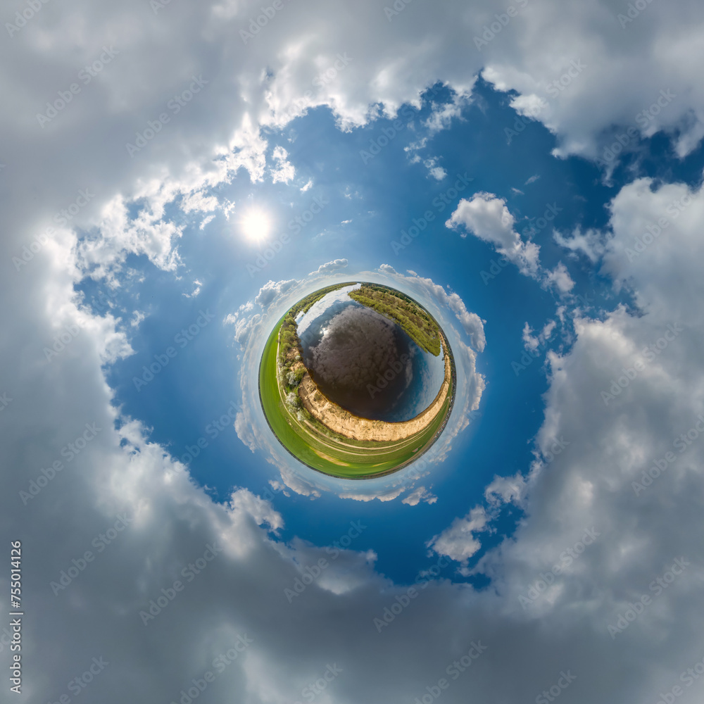 simple green tiny planet without buildings in blue sky with beautiful ...