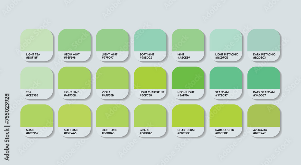 Light Green Color Palette with Color Names. Catalog Samples Green with ...