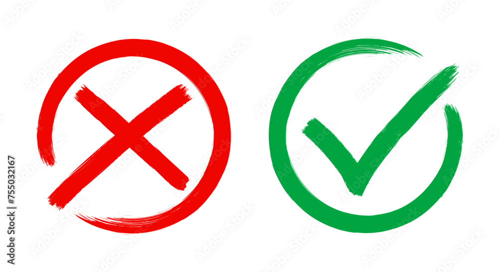 Check mark, tick and cross brush signs, green check mark OK and red X ...