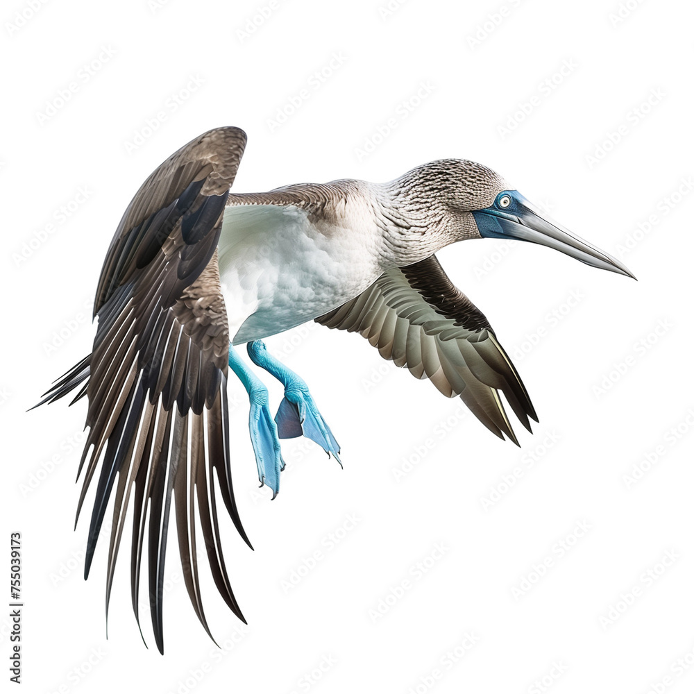 Blue footed booby bird flying isolated on white or transparent ...