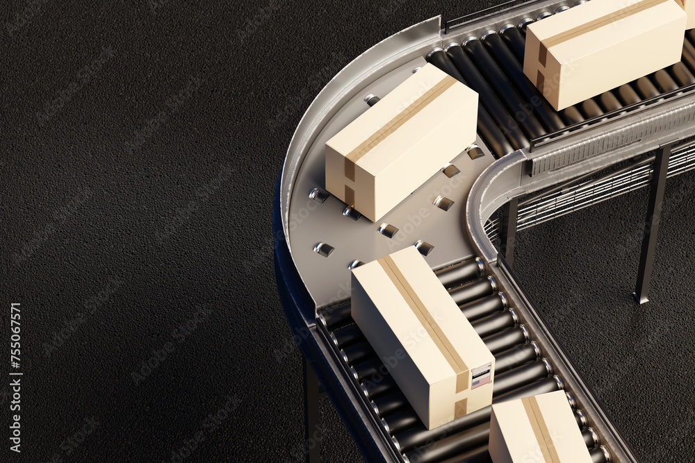 Conveyor with boxes, top view. Production line with turn. Metal ...