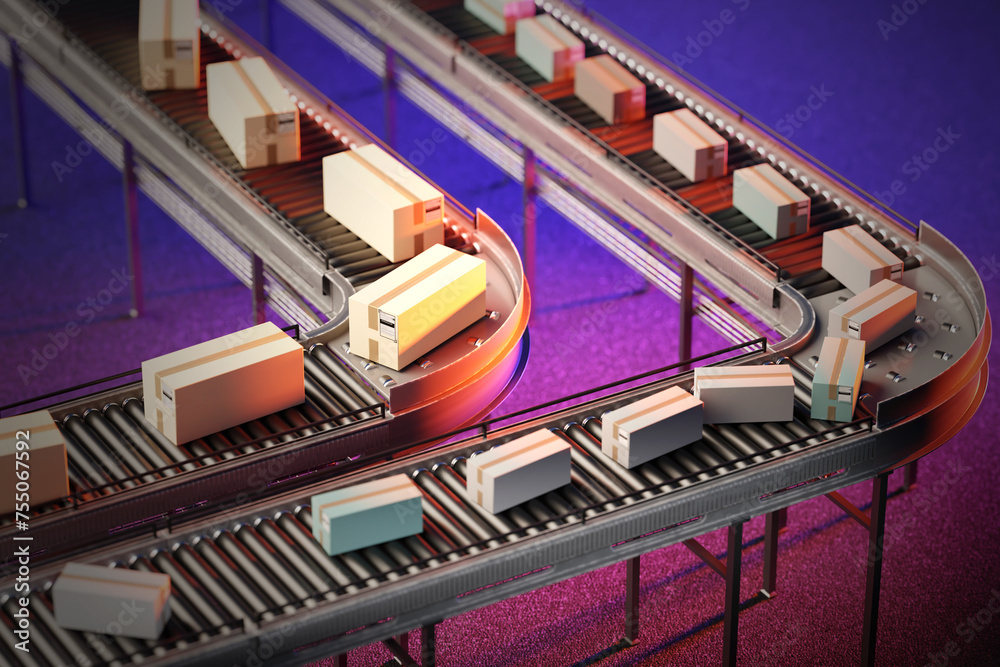 Conveyor belt with parcels. Cardboard boxes shipping along production line. Distribution center ...