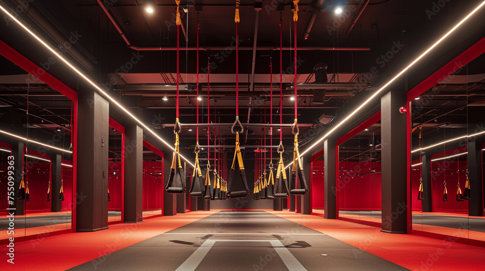 Contemporary 8K HDR TRX suspension training area with adjustable straps ...