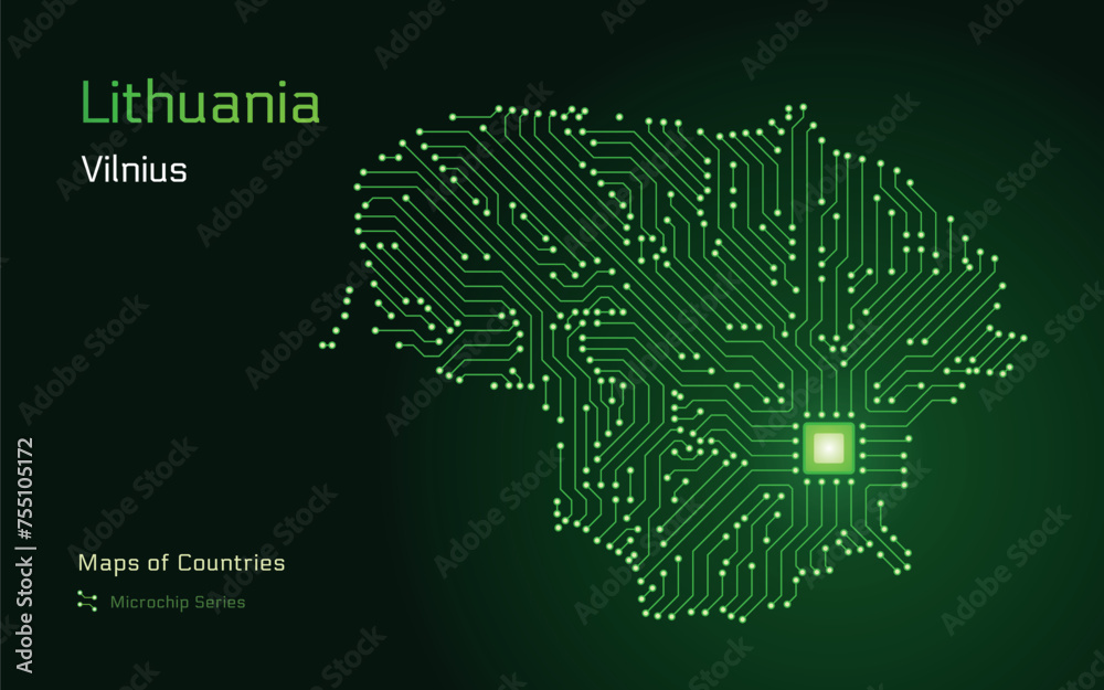 Adobe Illustrator ArtworkLithuania Map with a capital of Vilnius Shown in a Microchip Pattern. E ...