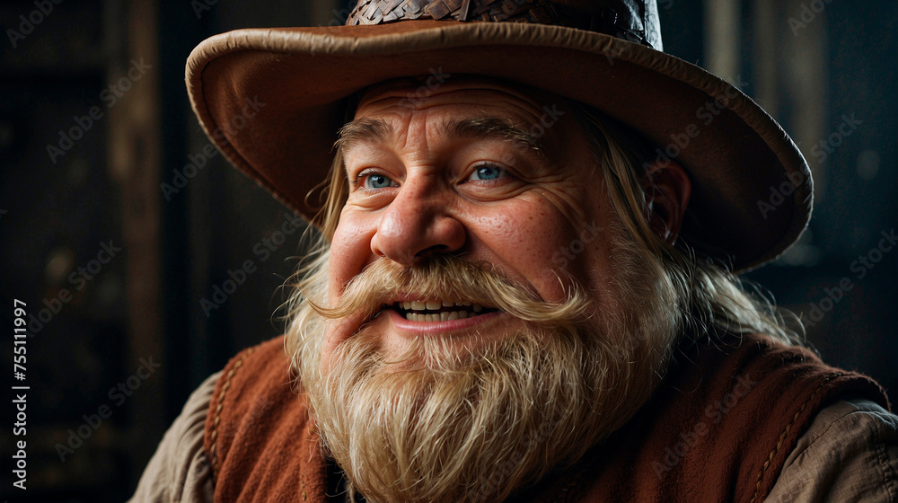 The photo shows a dwarf with a large hat covering his eyes. The dwarf ...