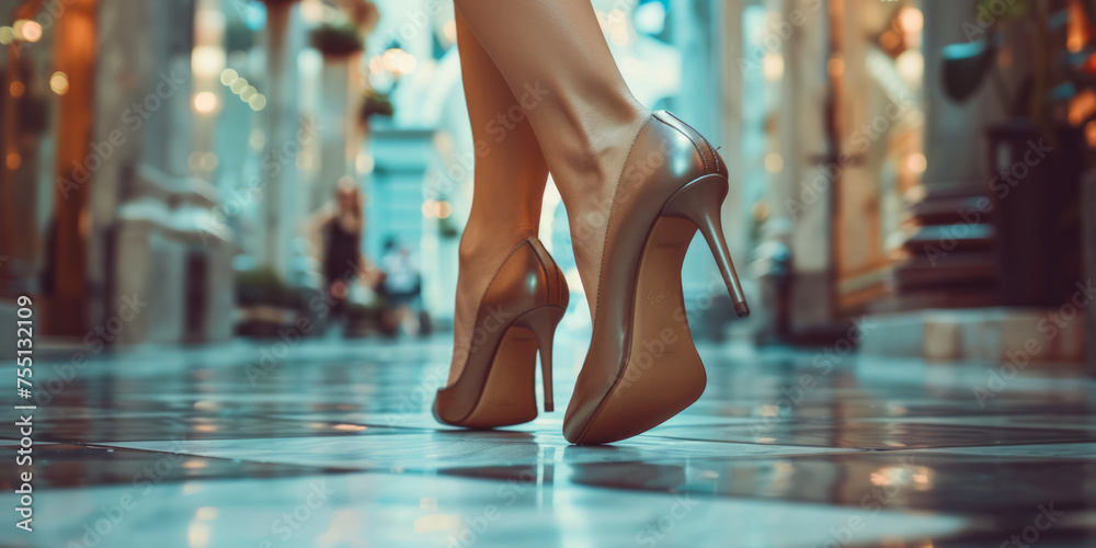 A woman's feet in brown high heels walking on a shiny tiled floor ...
