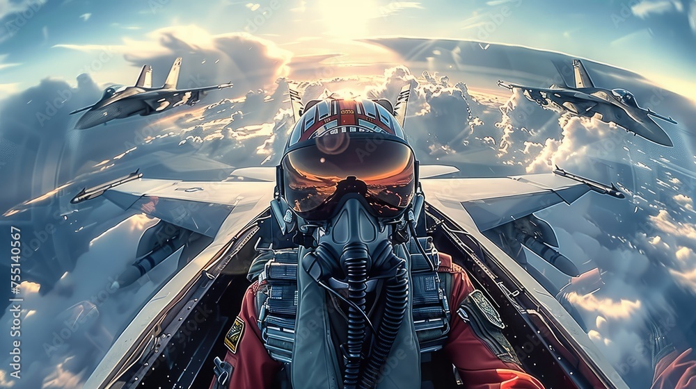 Jet fighter pilot sitting in Cockpit in flying jet, two jets in ...