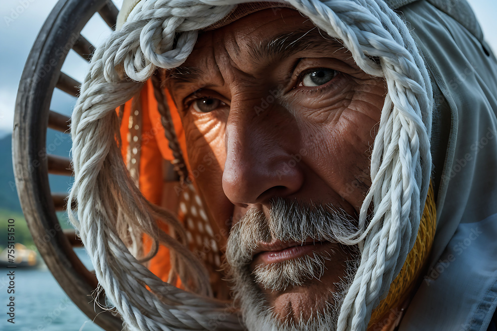 Realistic Portrait of a person looking towards the sea wearing ...
