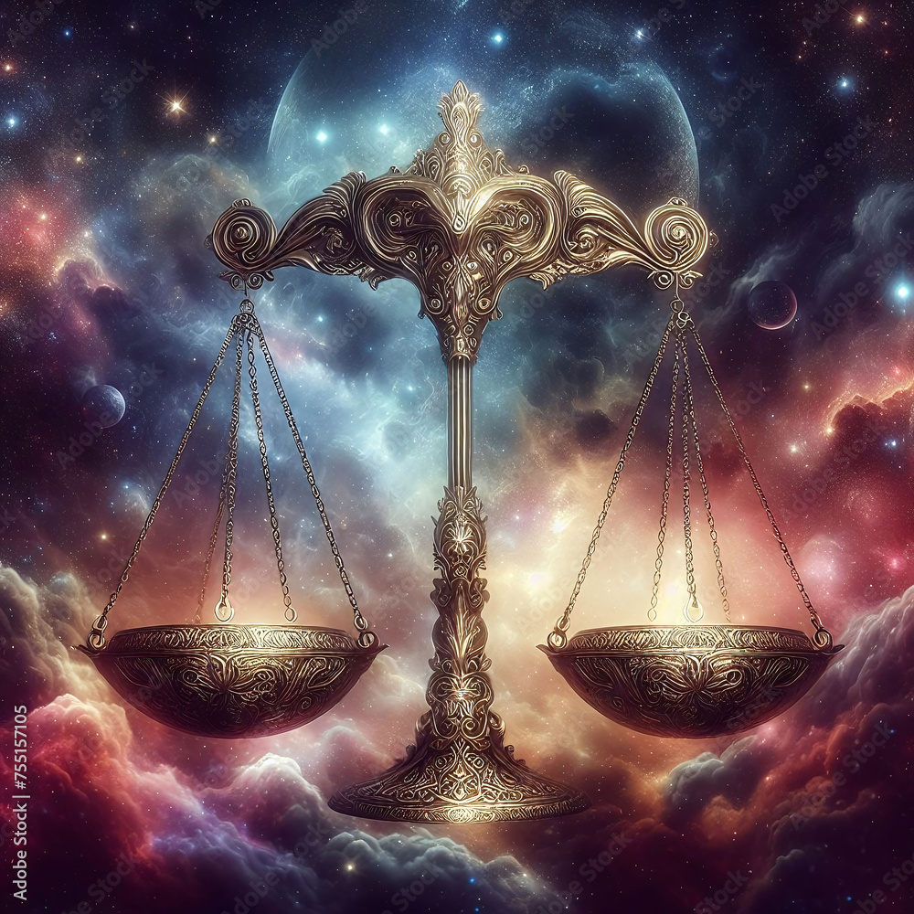 Fantastical cosmic backdrop with ornately designed scales symbolizing ...