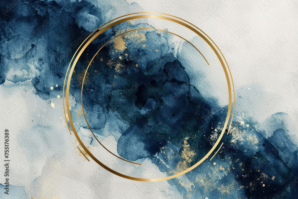 gold circle frame on dark blue watercolor texture with golden splatters ...