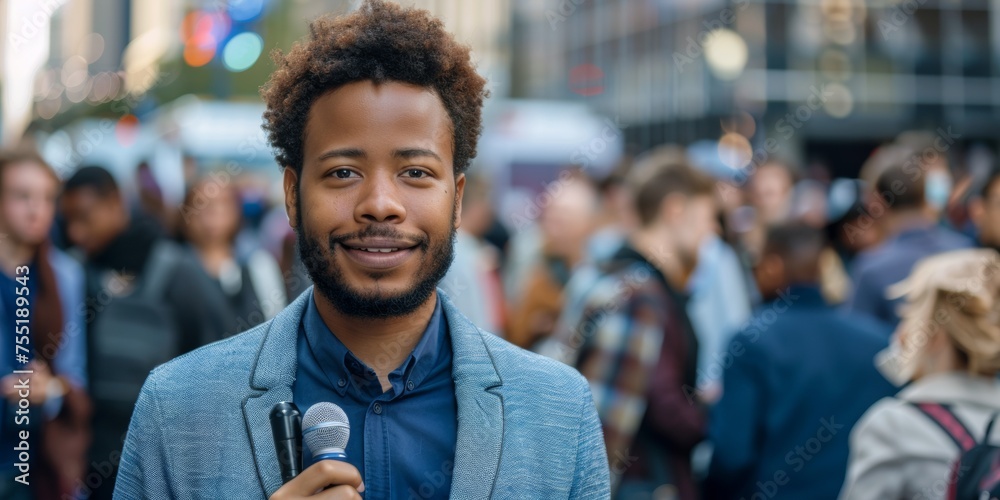 journalist reporter portrait in Metropolitan city during crowd meeting ...