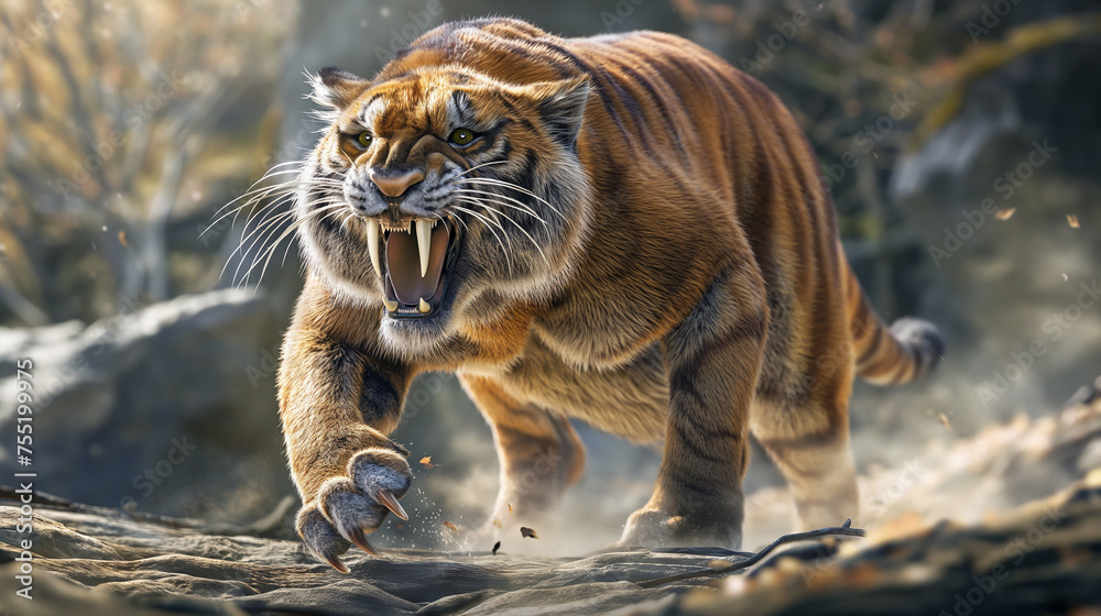 Saber-toothed tiger (lat. Smilodon fatalis) a cat that lived in North ...