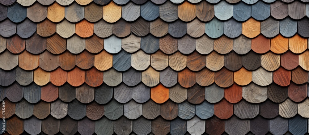 Close-up view of a roof with vintage wood shingle roofing pattern. The ...