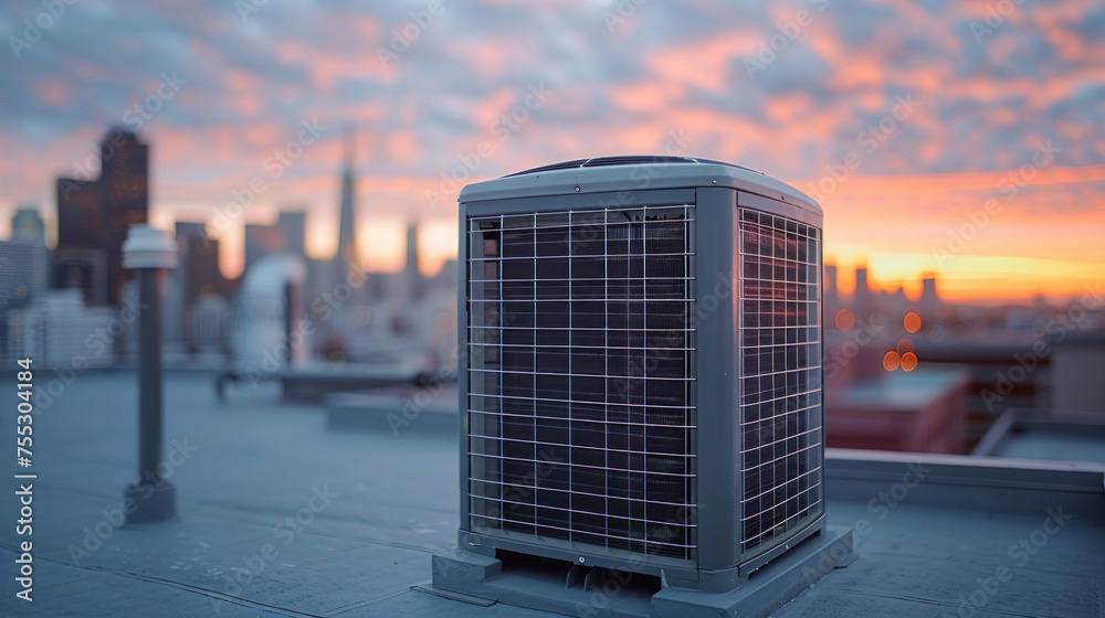 Air condenser unit located on roof deck building to heat released ...