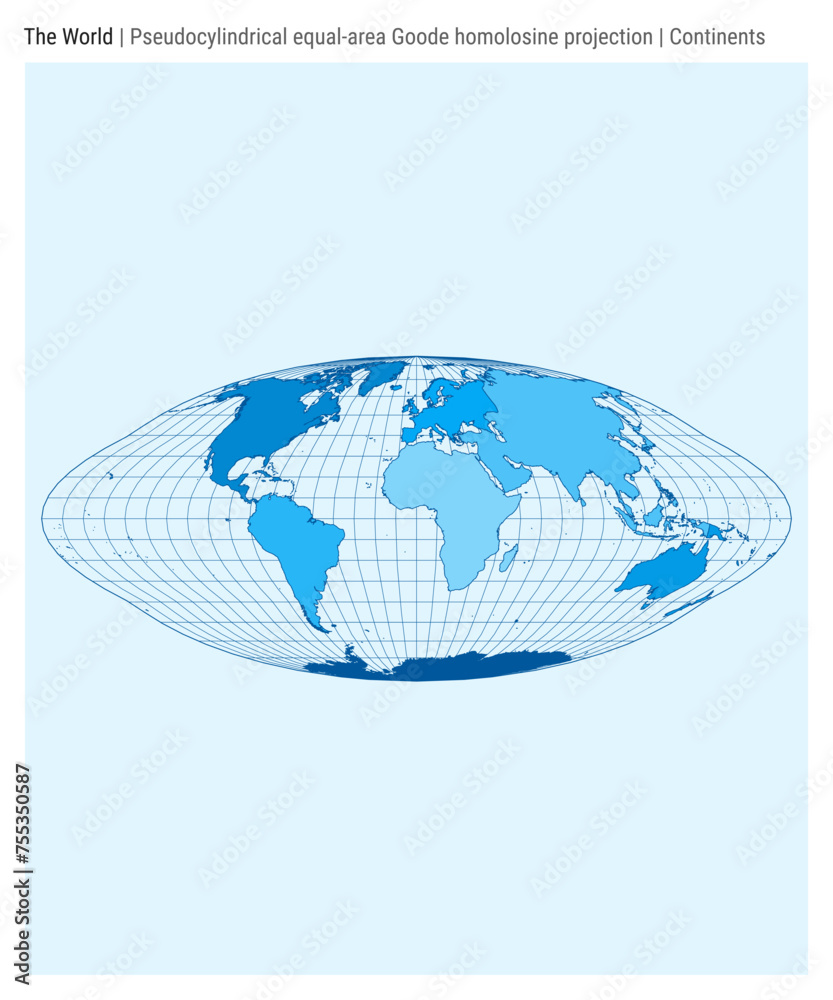 World Map. Pseudocylindrical equal-area Goode homolosine projection ...