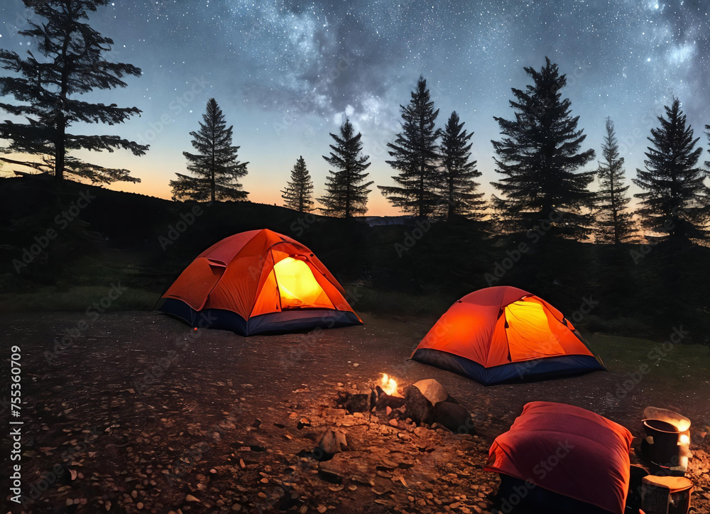 Set up a cozy camping scene with a tent pitched under the starry night sky, illuminated by a ...