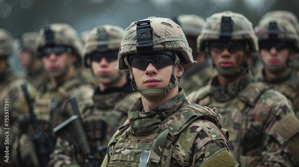 A group of soldiers in full army gear each with a personalized name tag ...