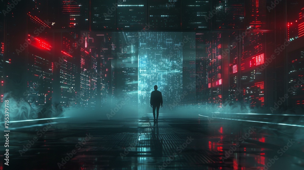 A figure walking amidst the high-tech realm of a data center, database ...