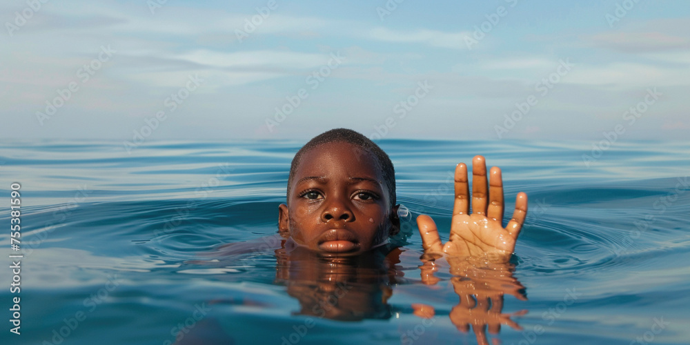 Photo Stock African-American boy drowning sinking kid child in sea ...