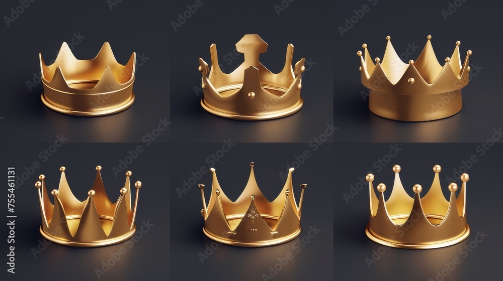 The crown of a golden king from different angles, 3D modern ...