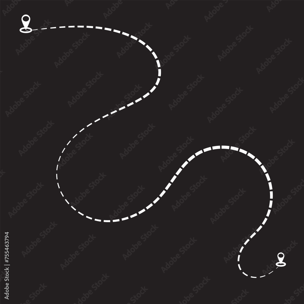 Route location icon, two pin sign and dotted line road, start and end ...