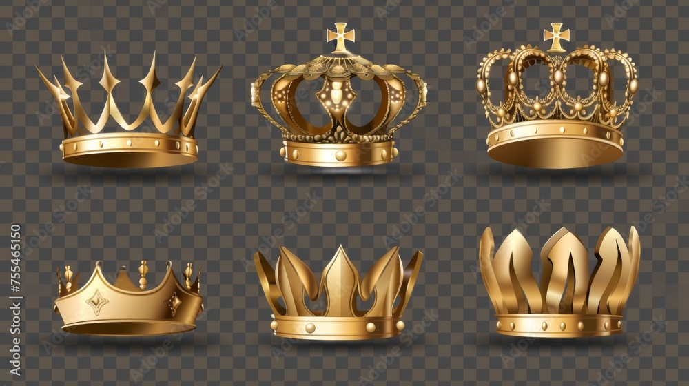This modern illustration depicts a golden set of crowns on a ...