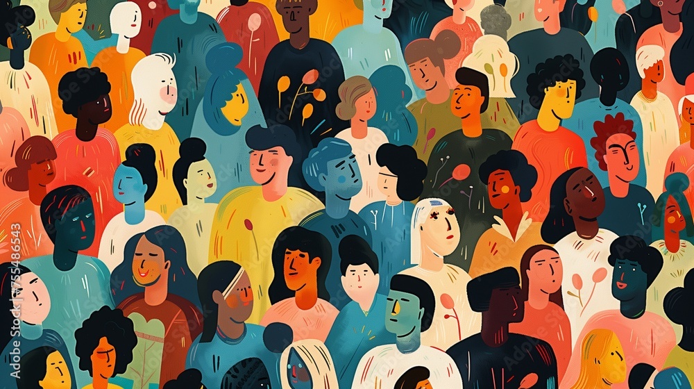 Colorful illustration of a diverse group of stylized people with ...