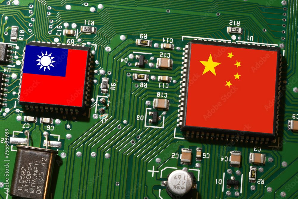 Flag of the Republic of China and Taiwan on microchips of a printed ...