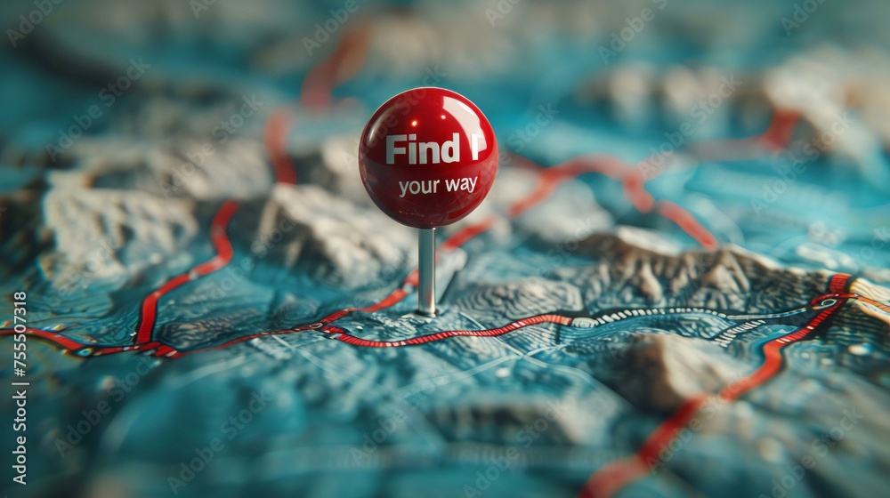 "Find your way" themed image with a location pin on a detailed map ...