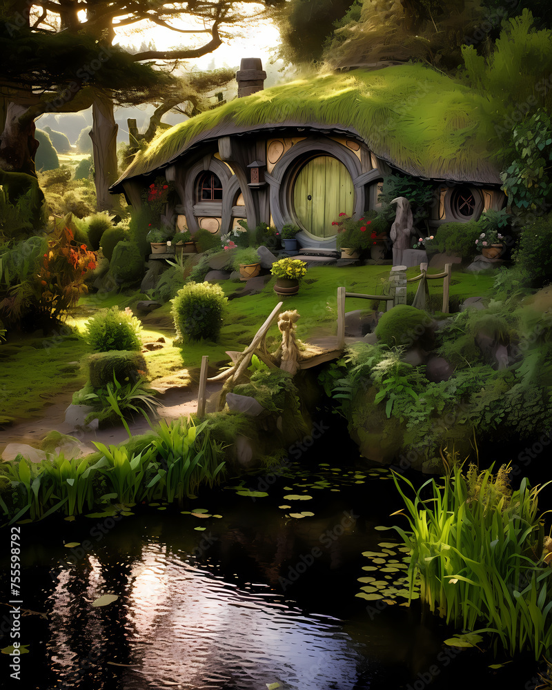 Hobbit house nestled in a lush garden with a pond, creating a serene ...