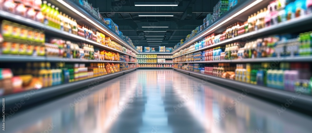 Abstract supermarket aisle with colorful shelves and unrecognizable ...