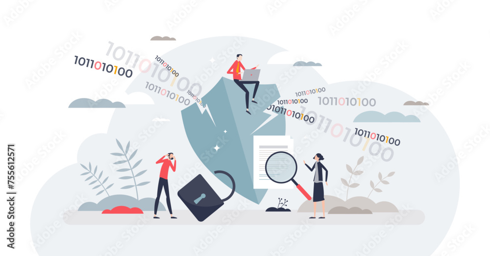 Data breach and information leakage after cyber attack tiny person concept, transparent ...