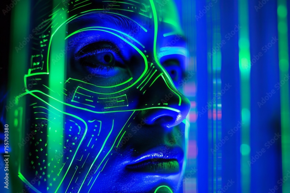Illustration Stock The face of artificial intelligence with blue light ...