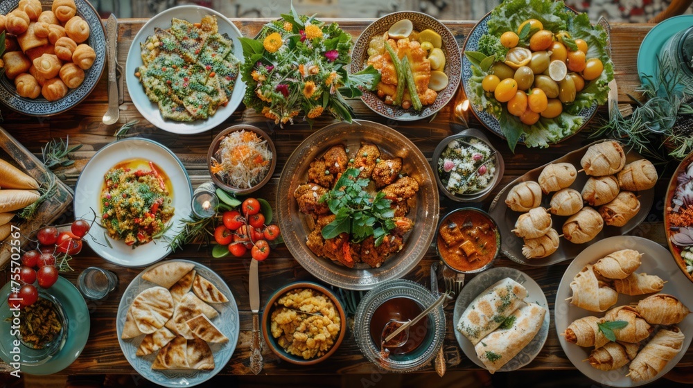 An overhead shot of a table filled with traditional Eid delicacies ...