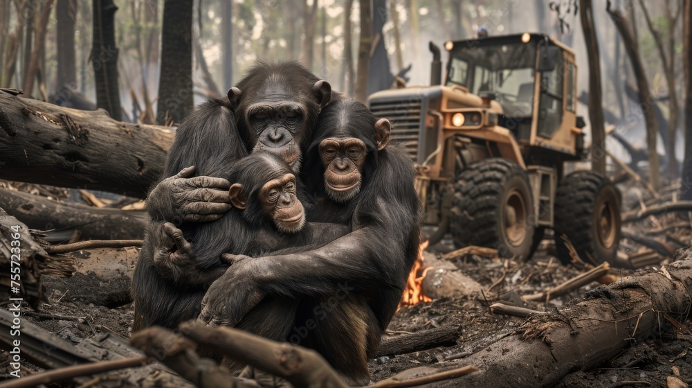A family of chimpanzees hugged each other in a fire-ravaged forest ...