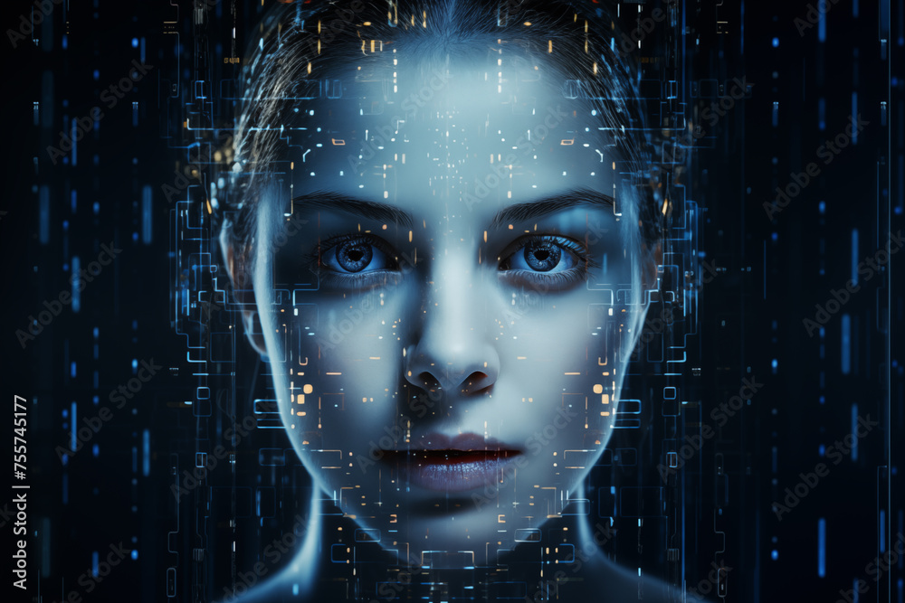 Hologram pixel on woman face. Virtual Digital head of Artificial ...